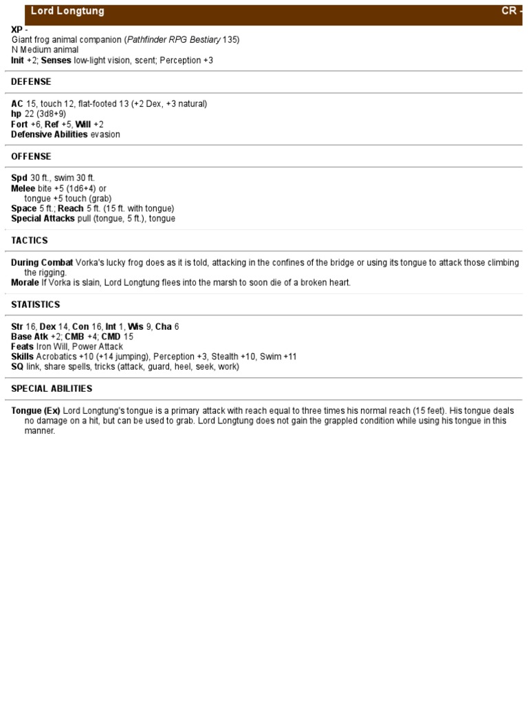 Giant Frog Animal Companion (Pathfinder RPG Bestiary 135) N Medium ...