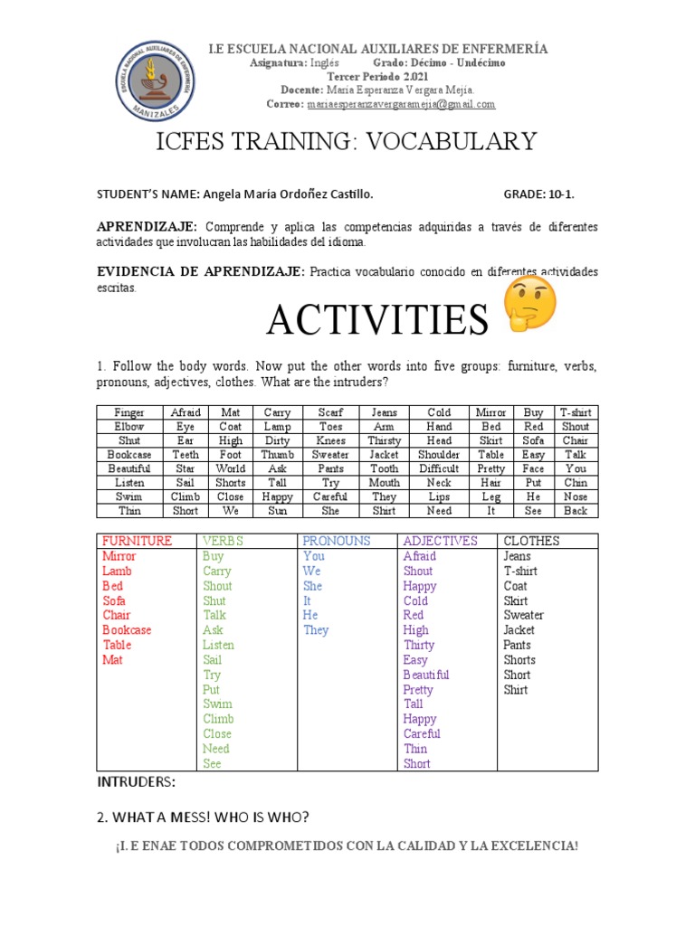 Activities: Icfes Training: Vocabulary | PDF | Syntax | Language Mechanics