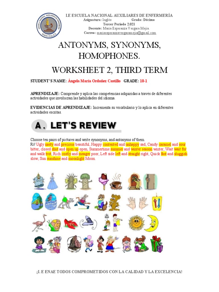 Antonyms, Synonyms, Homophones. Worksheet 2, Third Term: I.E Escuela ...