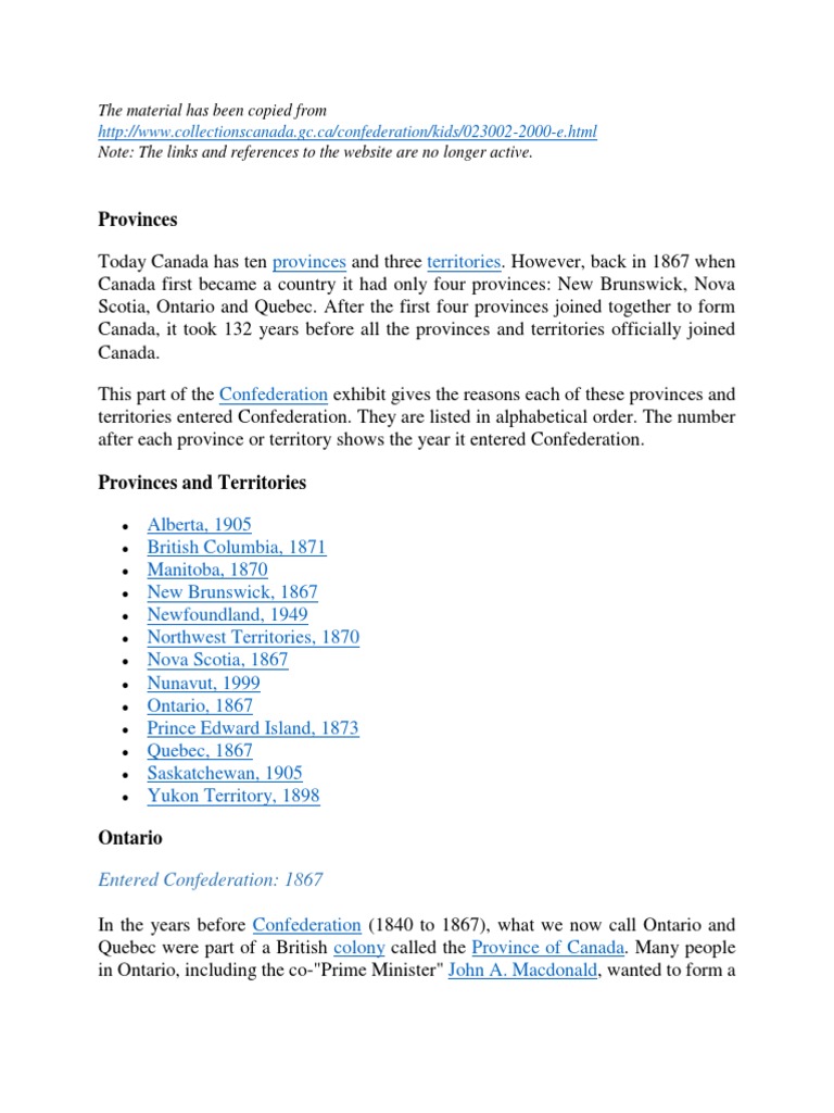 Provinces Joining Canadian Confederation | PDF | Provinces And ...