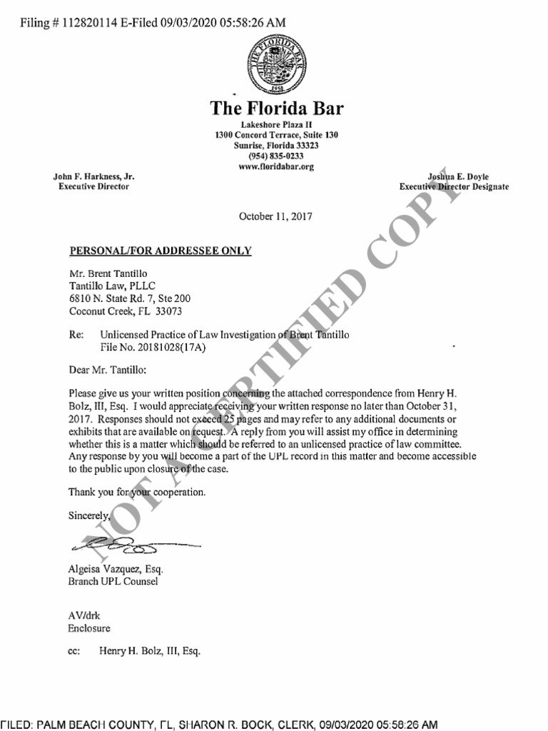 (D.E. 569) Fraudulent UPL Bar Complaint Against Brent Tantillo For The ...