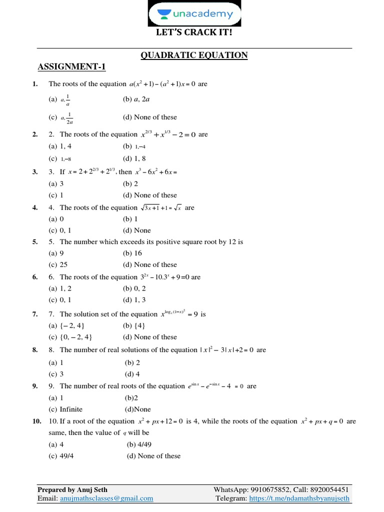 Quadratic Eq. Assignment-1 | PDF | Mathematics | Quadratic Equation