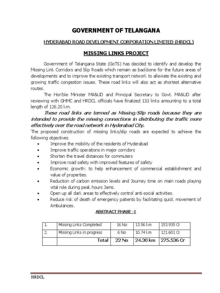 Hyderabad Missing Links Project Overview | PDF | Transport | Road Transport