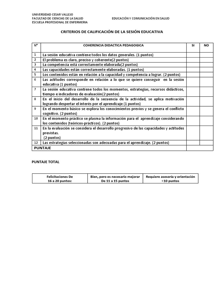 Criterios de Calificación de Sesión Educativa | PDF