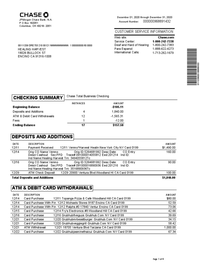Chase Bank Statement Summary 2020 | PDF | Fee | Financial Transaction