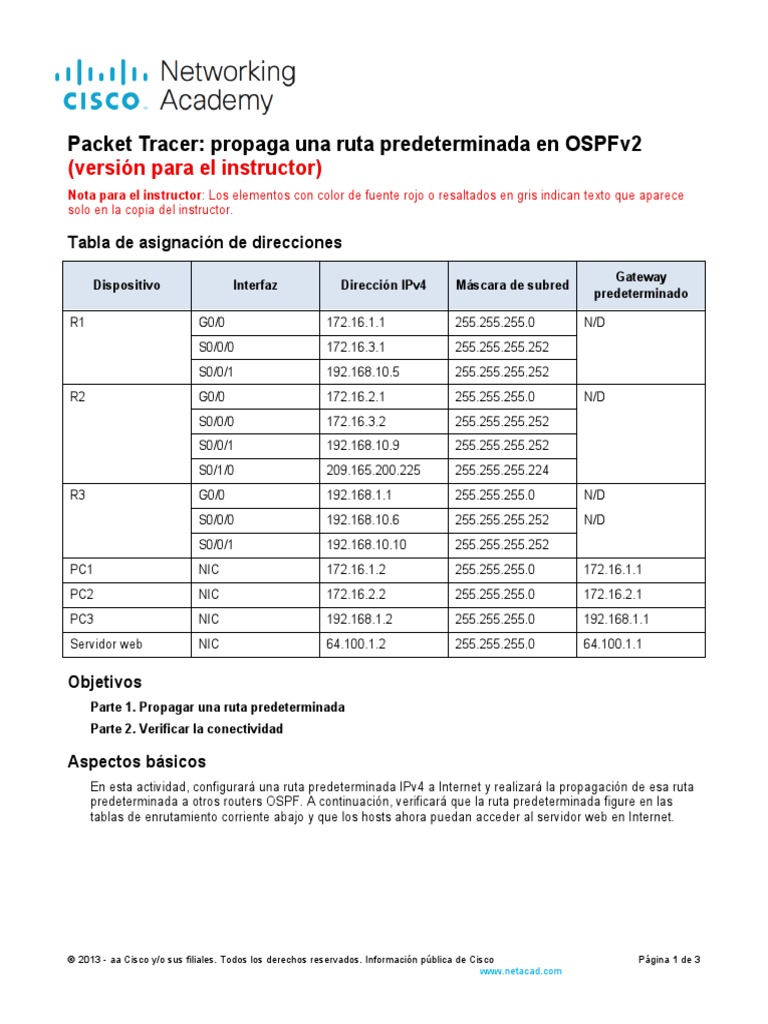 Configurando y propagando una ruta predeterminada a Internet utilizando OSPF | PDF | Enrutador ...