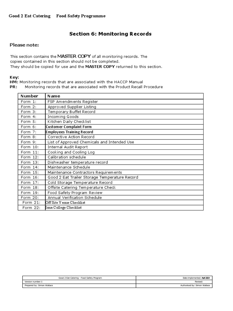 Good 2 Eat Catering Safety Records | PDF | Foods | Refrigerator