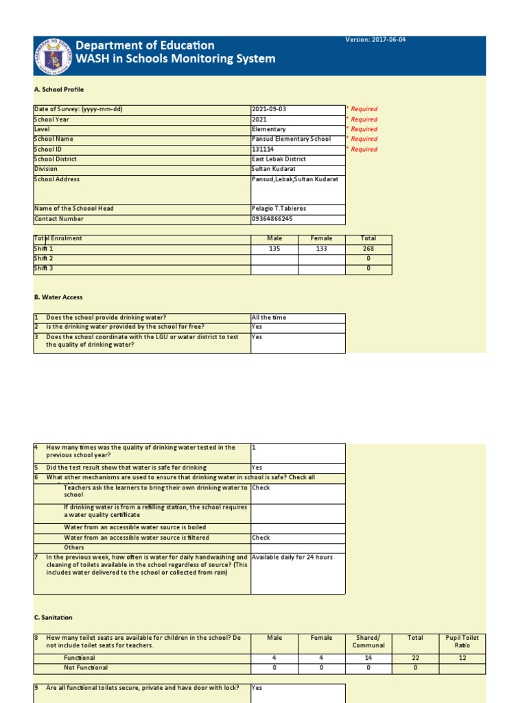 Department of Education WASH in Schools Monitoring System: A. School ...