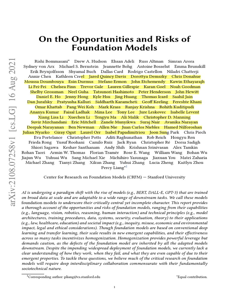 On The Opportunities and Risks of Foundation Models: Corresponding ...