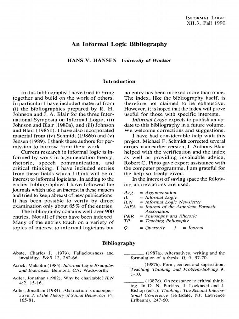 An Informal Logic Bibliography PDF Argumentation Theory Logic