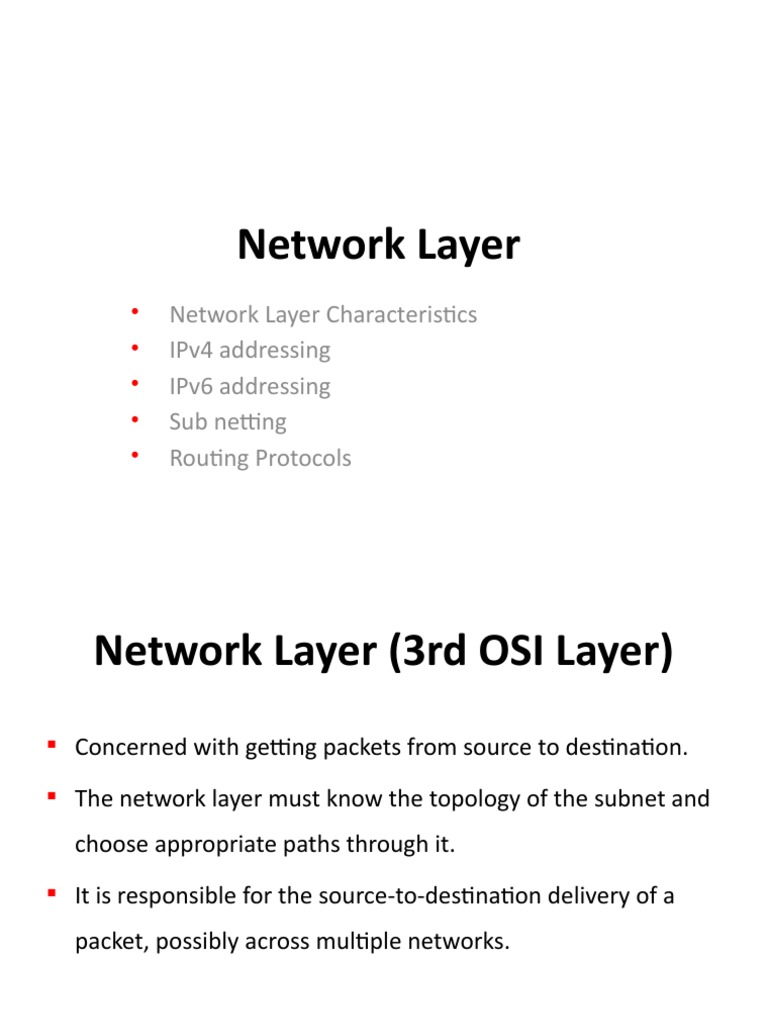 Network Layer Network Layer Characteristics Ipv4 Addressing Ipv6 Addressing Sub Netting Routing
