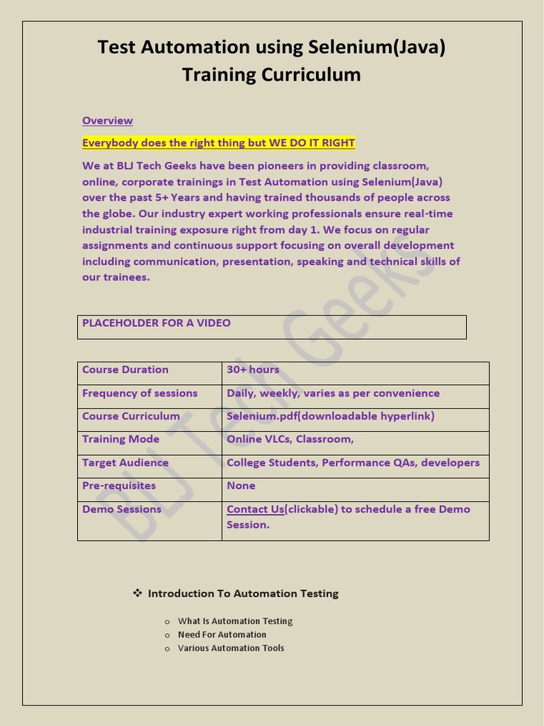 Test Automation Using Selenium (Java) Training Curriculum: Introduction ...