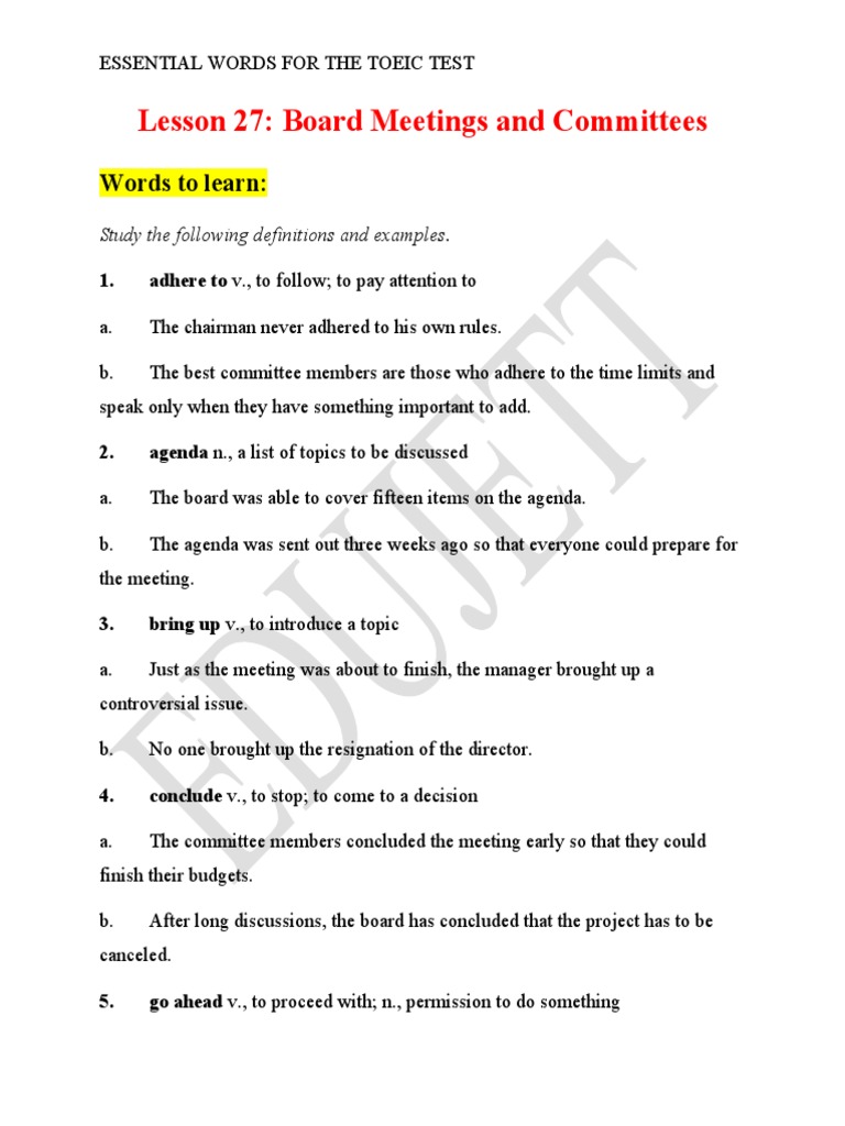 Lesson 27: Board Meetings and Committees: Words To Learn | PDF ...