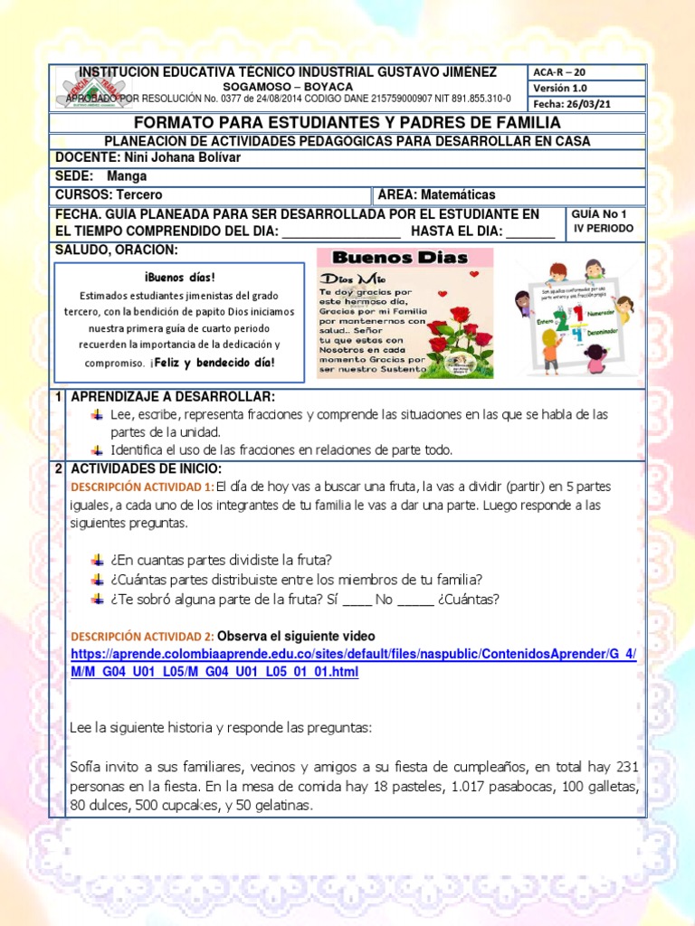 Guía 1 - Matemáticas - Grado Tercero - Cuarto Periodo | PDF