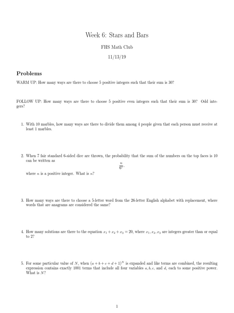 Week 6: Stars and Bars: Problems | PDF | Integer | Numbers