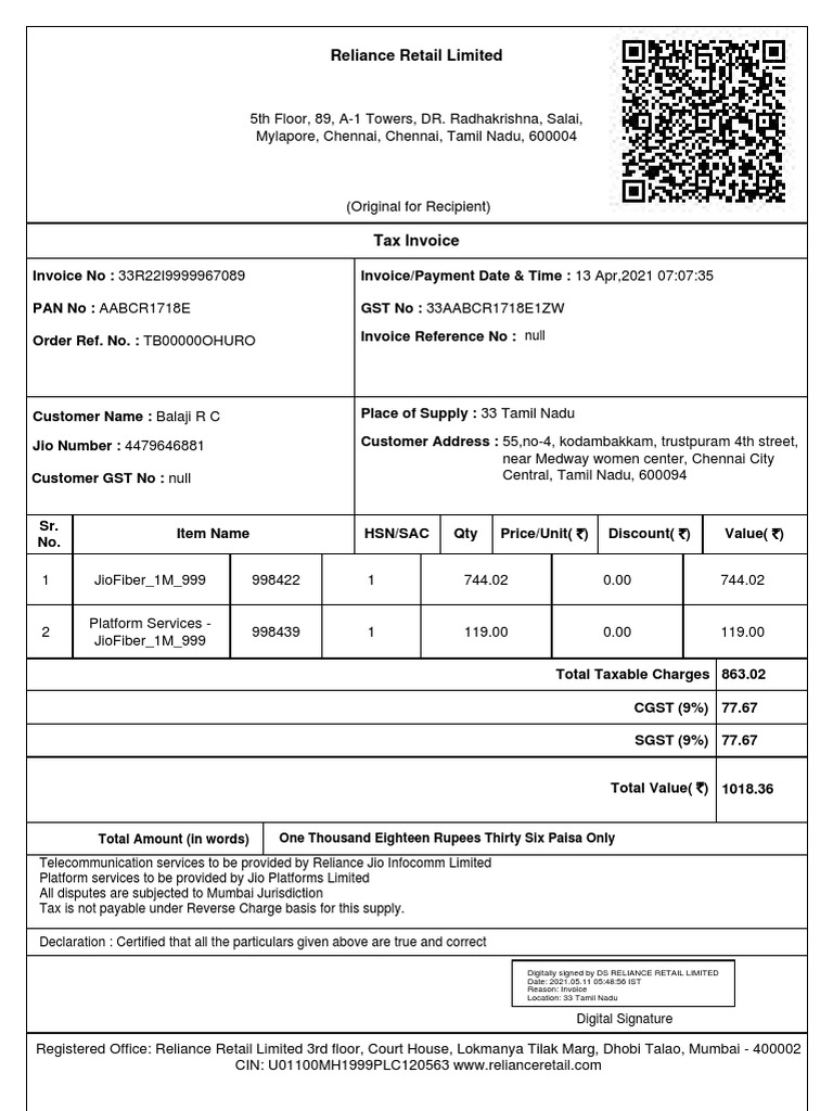 Reliance Retail Limited: Total Amount (In Words) One Thousand Eighteen ...