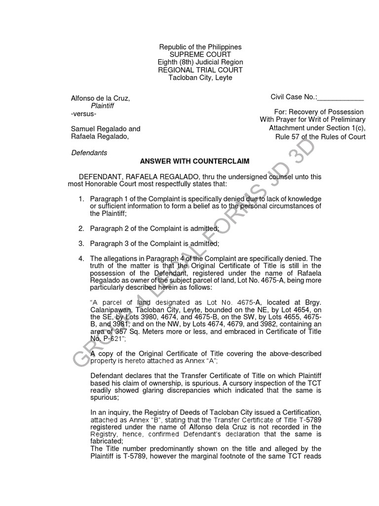 Answer and Counterclaim in Property Case | PDF | Complaint | Damages