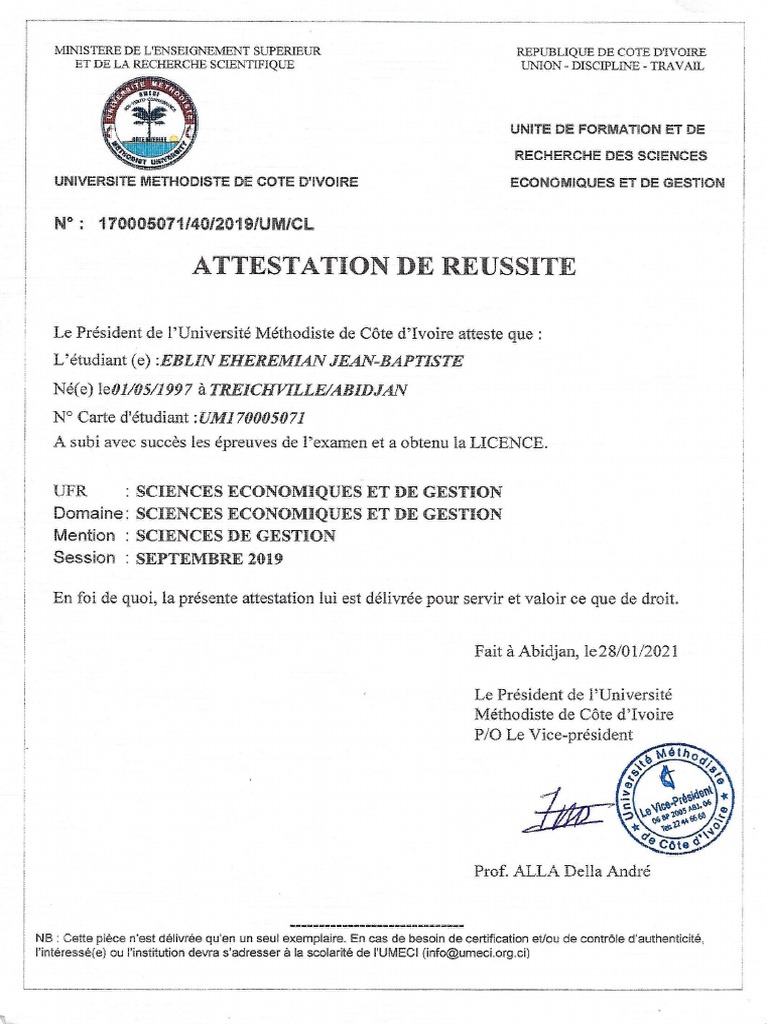 Attestation de Reussite Licence | PDF