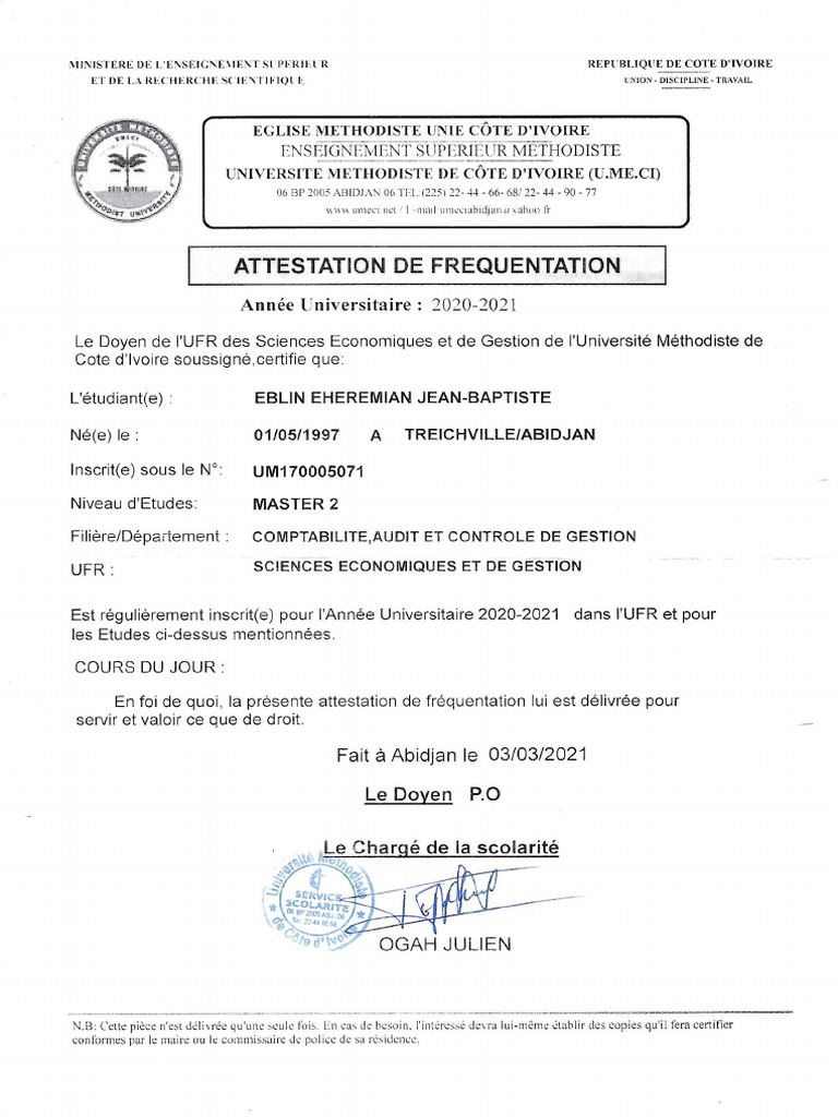 Certificat de Fréquentation Master 2 | PDF