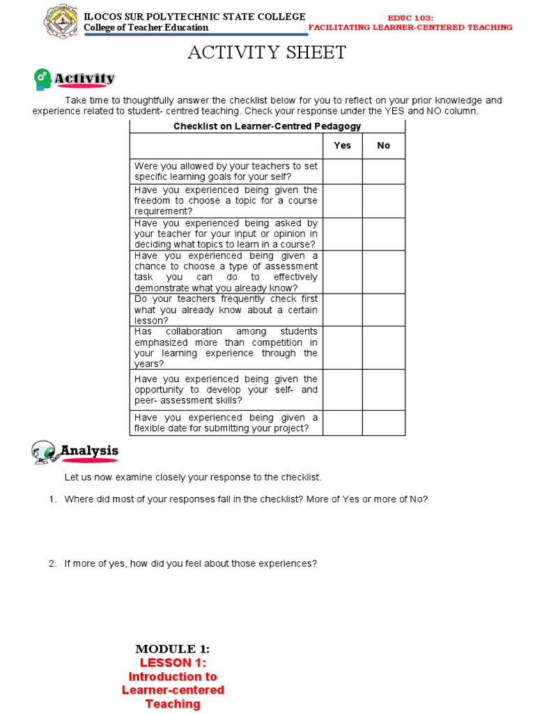 Activity Sheet Module 1 - Lesson 1 | PDF | Teachers | Change