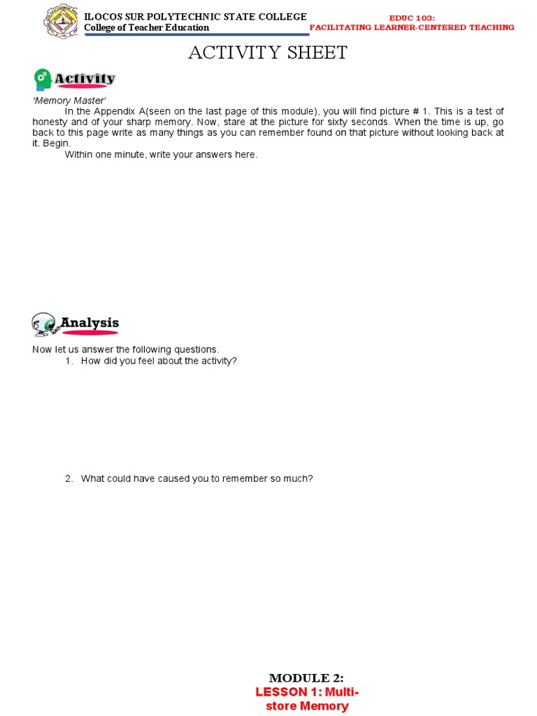 Activity Sheet Module 2 - Lesson 1 | PDF