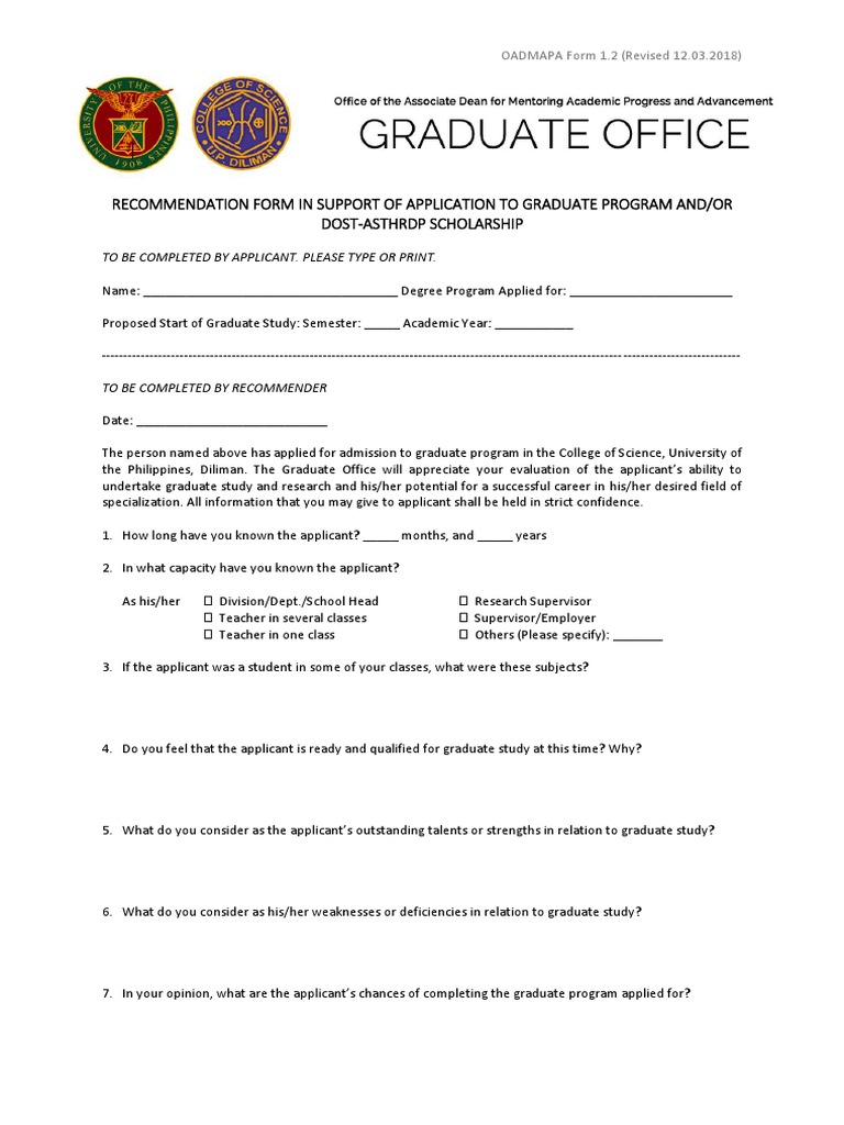 Recommendation Form in Support of Application To Graduate Program And ...