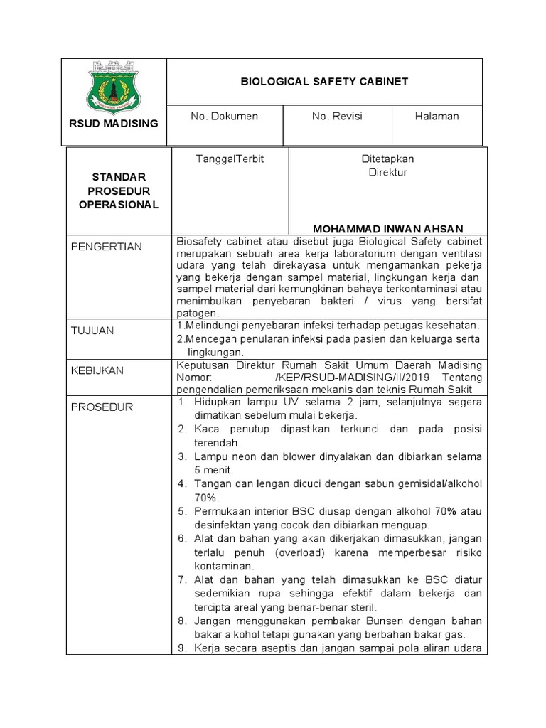 SOP Biosafety Cabinet RSUD Madising | PDF
