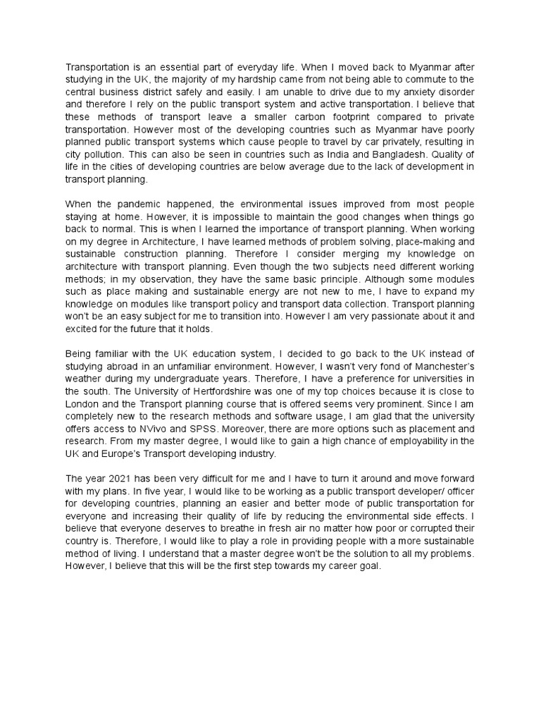 Personal Statement - MSC Transport Planning | PDF | Transport ...