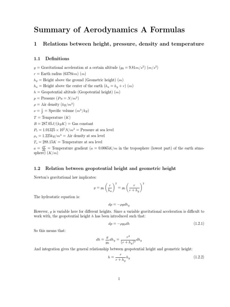 Summary of Aerodynamics A Formulas: 1 Relations Between Height ...