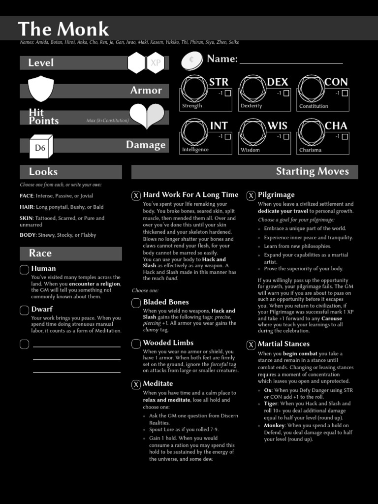 The Monk: Level Armor Hit Points Damage STR DEX CON | PDF