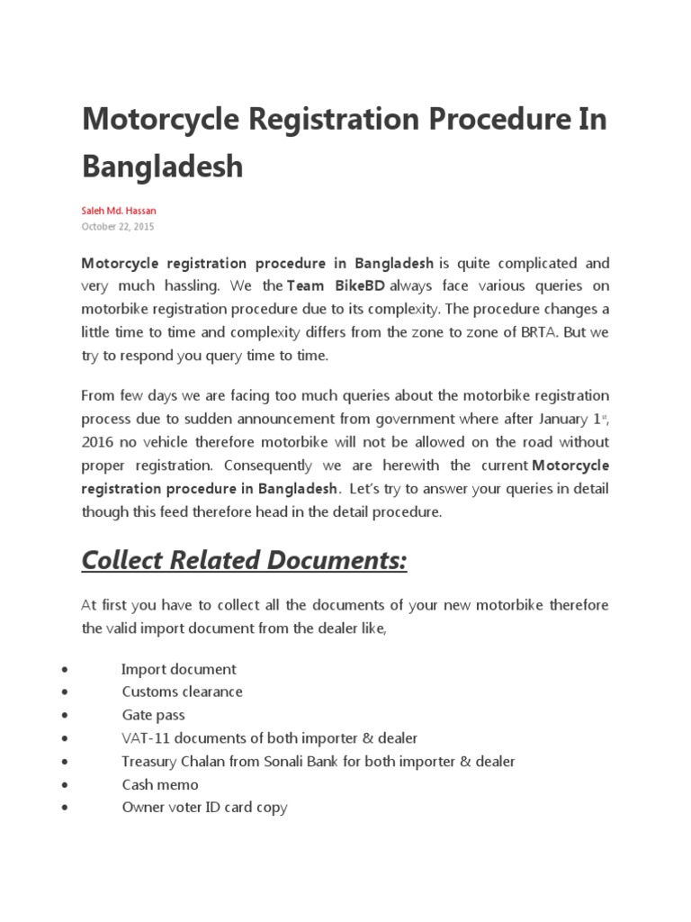 Motorcycle Registration Procedure in Bangladesh | PDF | Vehicle ...