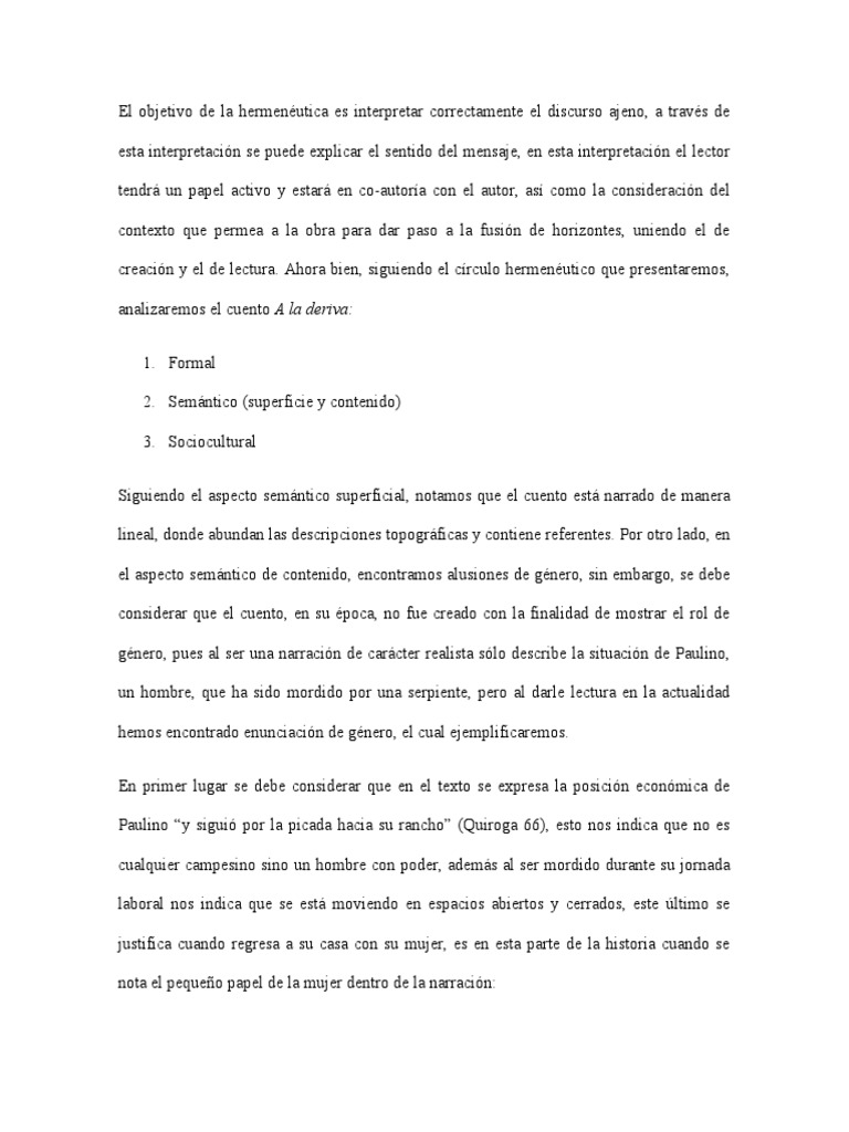 Análisis de a la Deriva de Horacio Quiroga | PDF | Hermenéutica | Cuentos