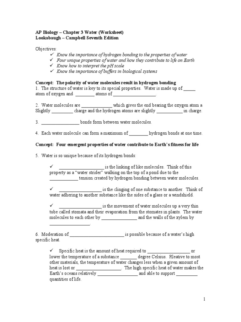 AP Biology - Chapter 3 Water (Worksheet) Lookabaugh - Campbell Seventh ...