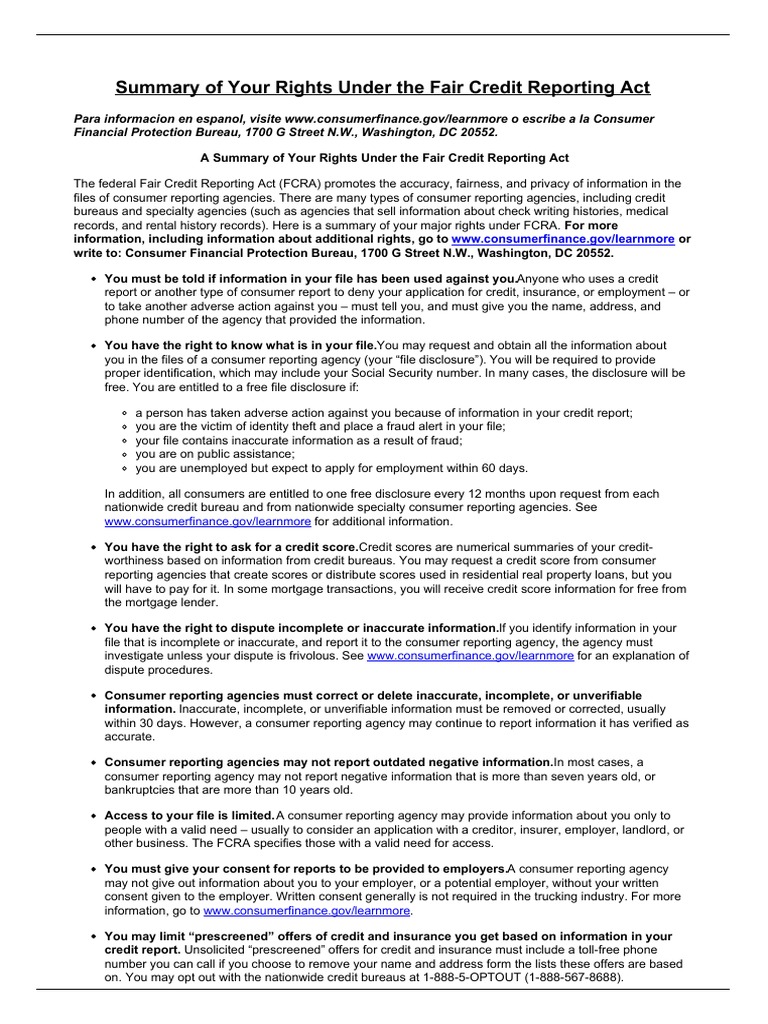 Summary of Your Rights Under The Fair Credit Reporting Act | PDF | Credit Bureau | Credit Score