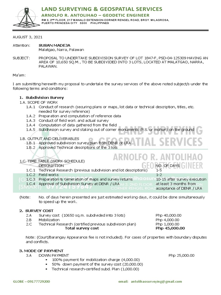 Survey Proposal - Subdivision Titled | PDF | Surveying