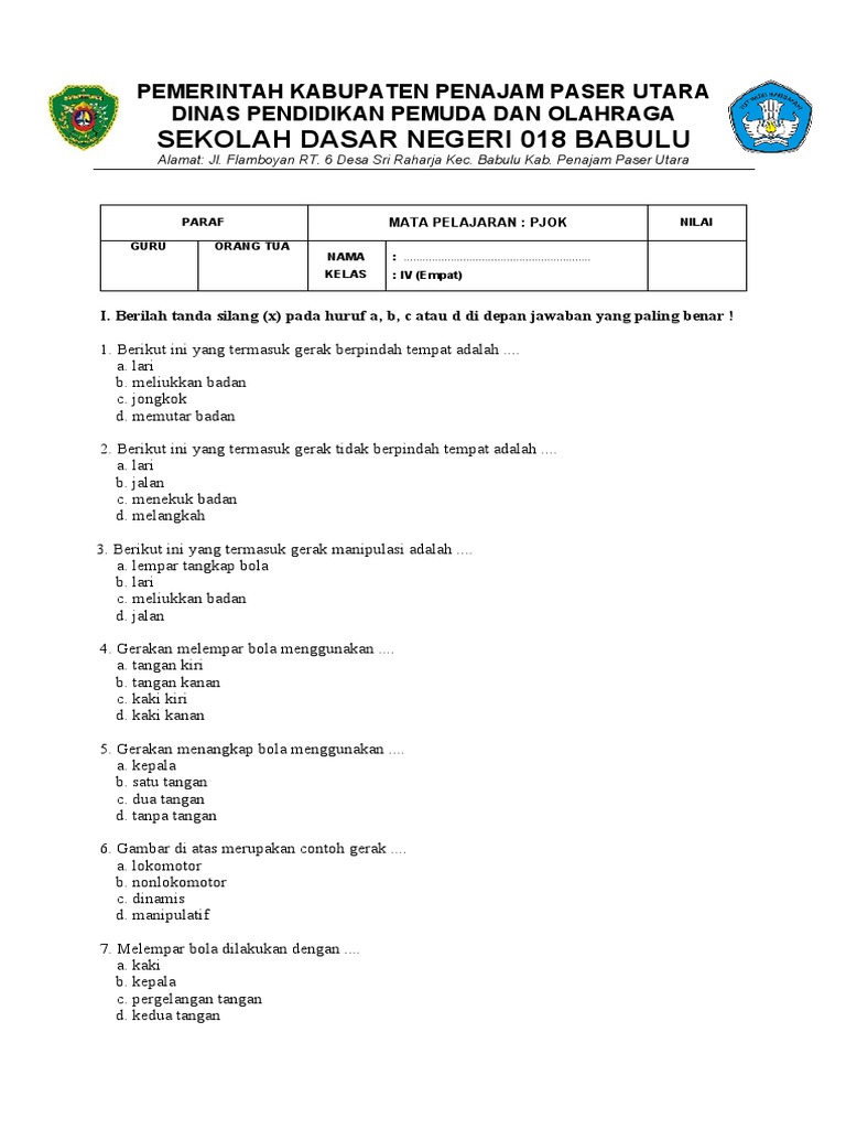 Soal PTS-UTS PJOK Kelas 4 Semester 1 | PDF