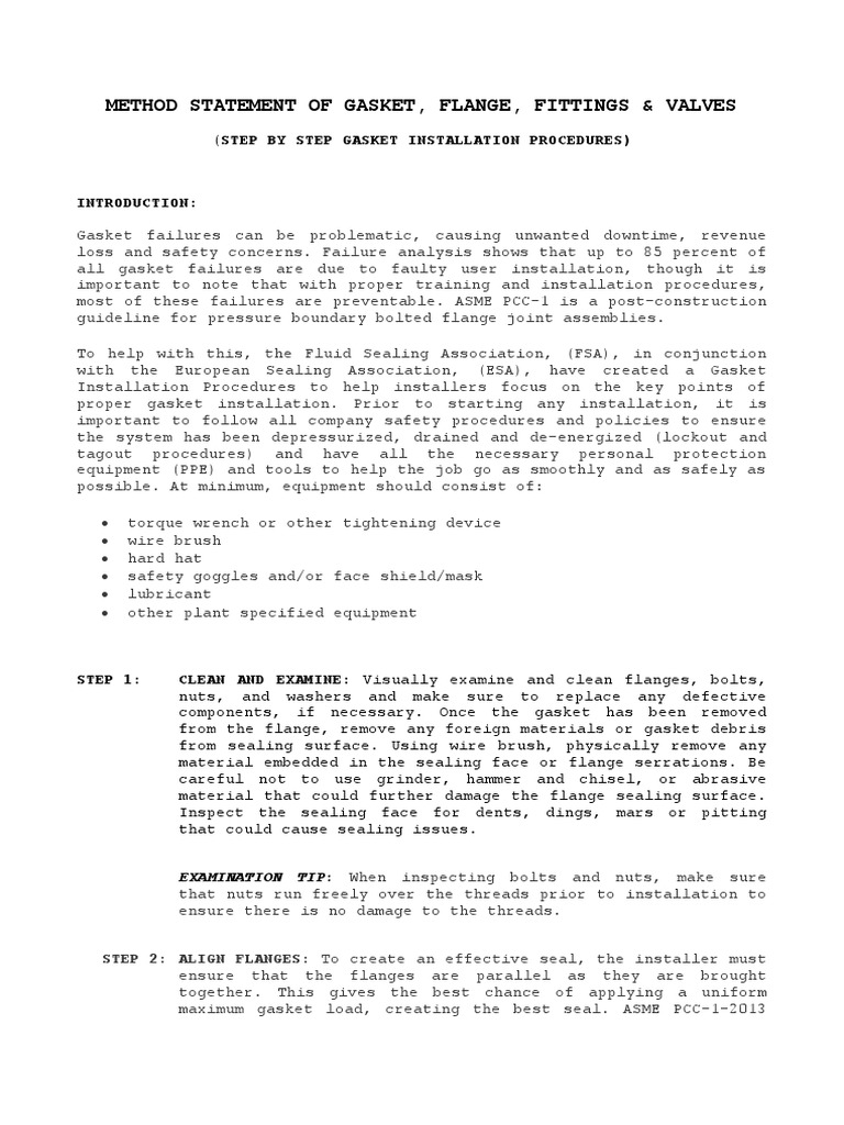 Method Statement of Gasket, Flange, Fittings and Valves Tightening Sequence | PDF | Screw | Pipe ...