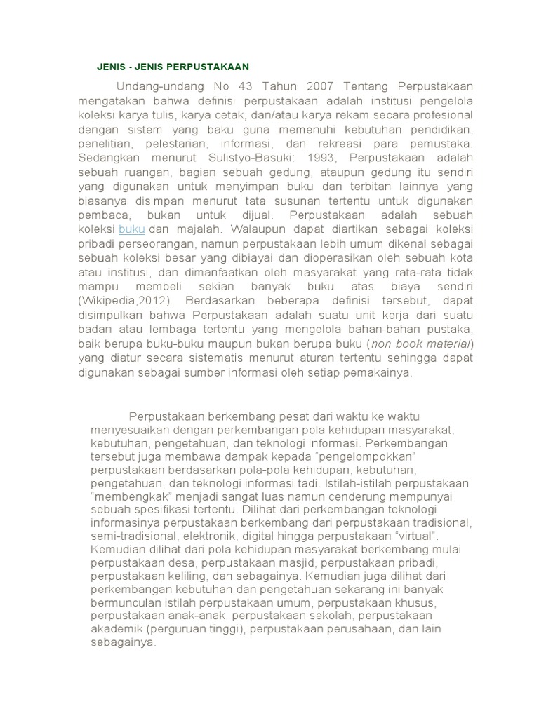 Jenis Perpustakaan & Pusat Informasi | PDF | Ilmu Sosial