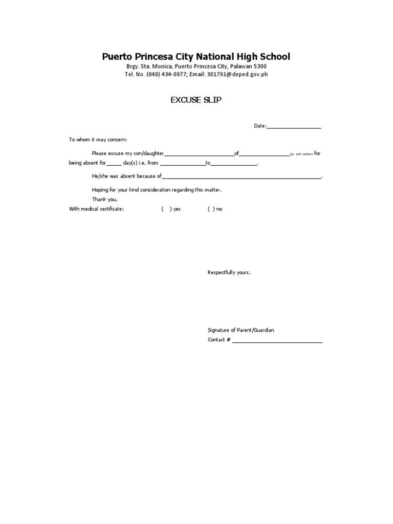 Puerto Princesa City National High School: Excuse Slip | PDF
