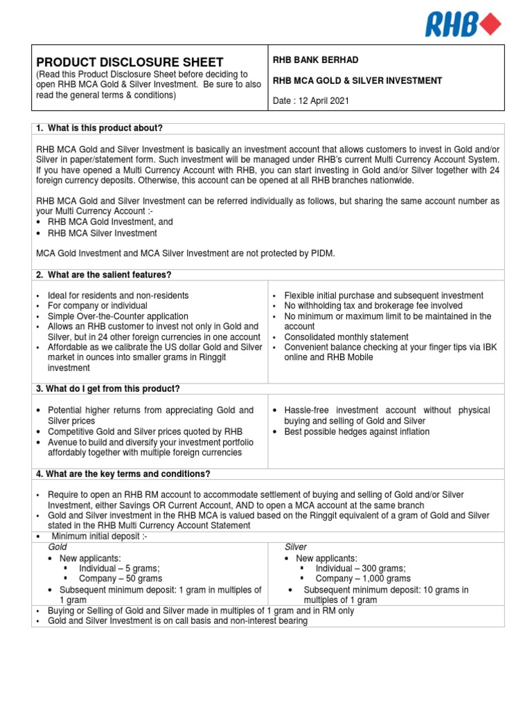 Product Disclosure Sheet: Gold Silver | PDF | Banks | Investing