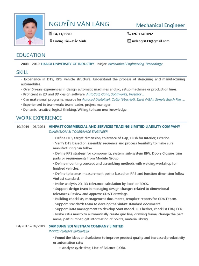 NGUYEN VAN LANG - Mechanical Engineer | PDF | Engineering Tolerance | Microsoft Excel