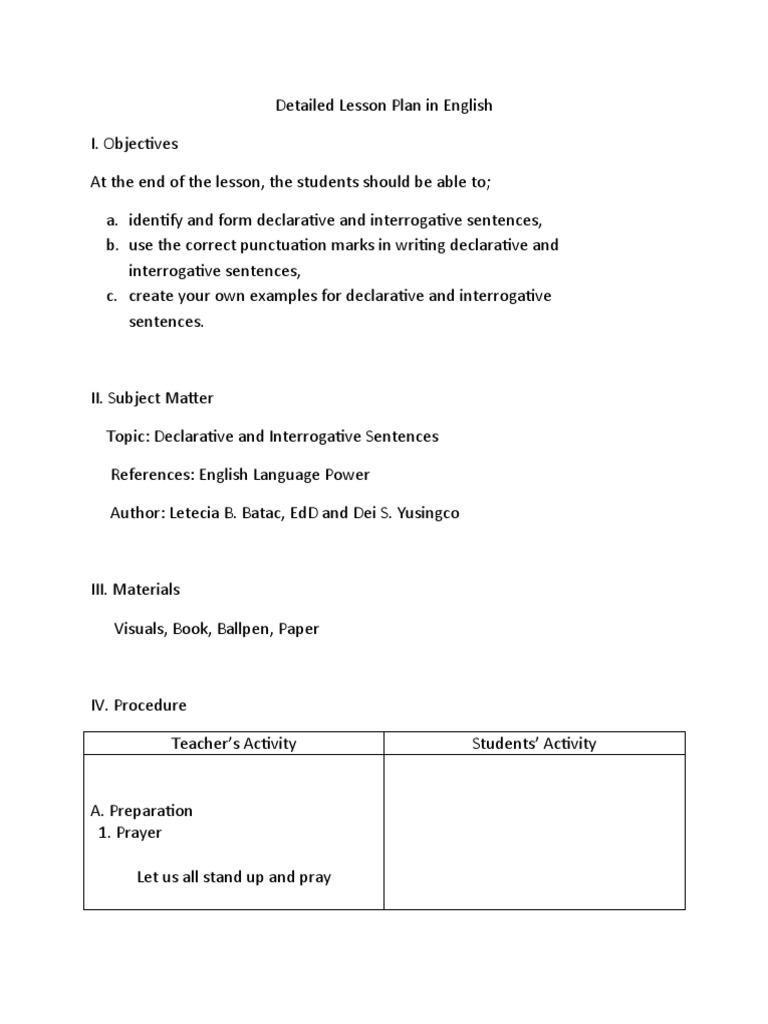 Detailed Lesson Plan English | PDF | Lesson Plan | Sentence (Linguistics)