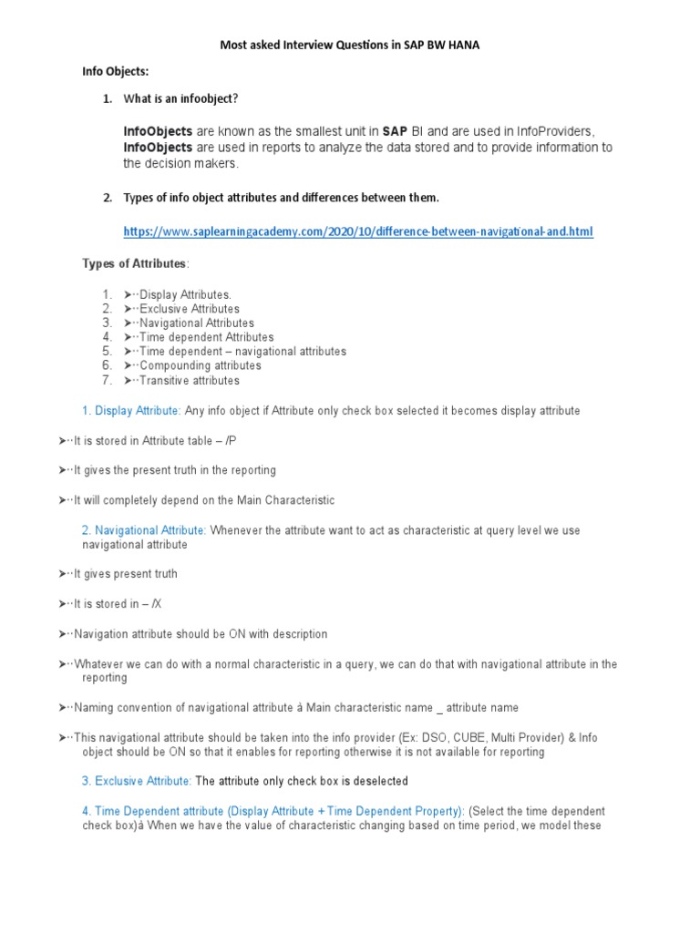 Most Asked Interview Questions in SAP BW HANA | PDF | Data | Computer ...