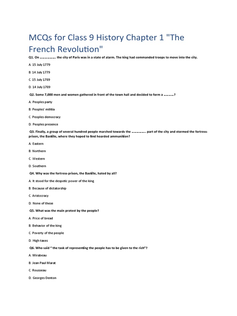 Class9 History MCQ French Revolution | PDF | France | French Revolution