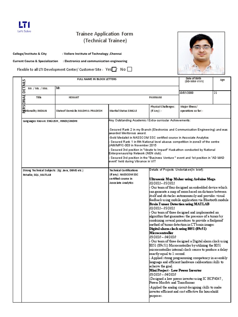 Trainee Application Form (Technical Trainee) : Yes No | PDF | Computer ...