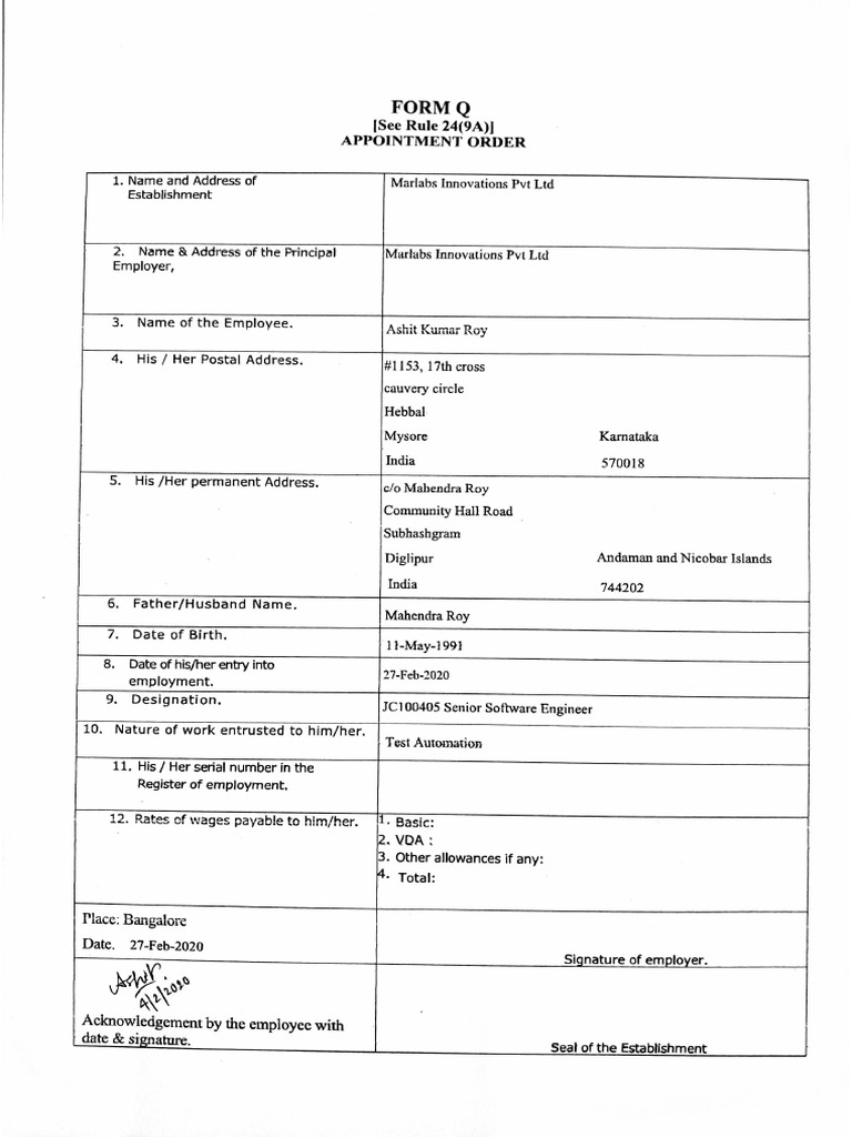Appointment Order Form Q | PDF