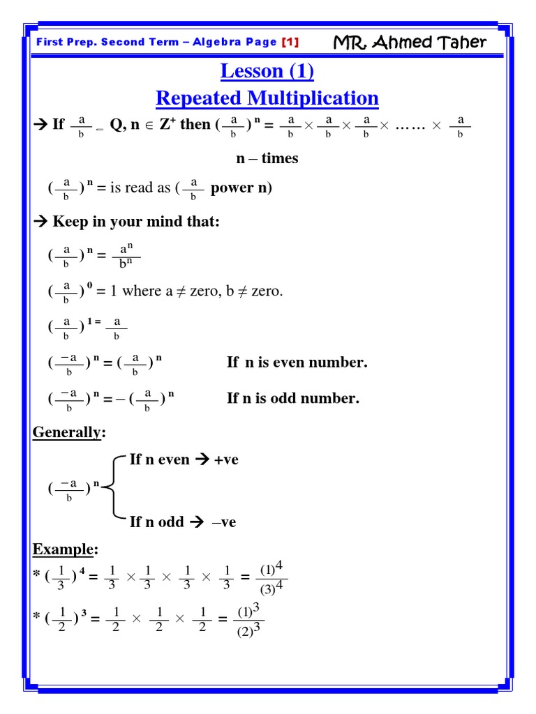 Lesson (1) Repeated Multiplication: Q, N Z Then N - Times Power N) | PDF | Rational Number | Algebra