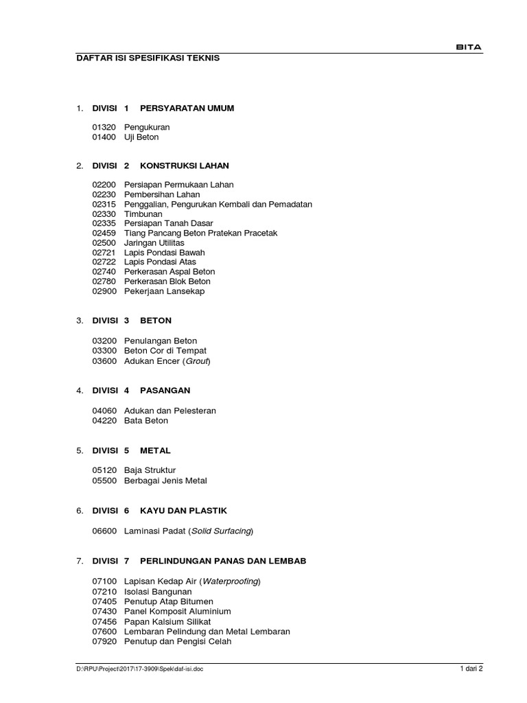 Bita Daftar Isi Spesifikasi Teknis: D:/RPU/Project/2017/17-3909/Spek/daf-isi | PDF
