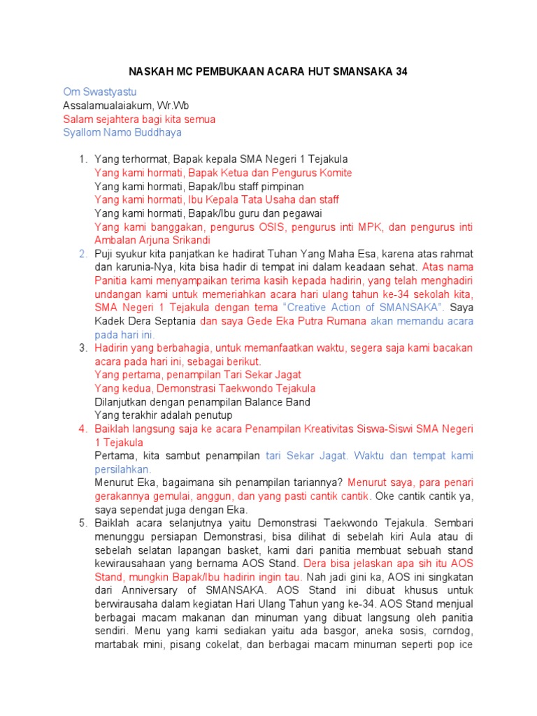 Naskah MC Pembukaan Acara Hut 34 | PDF