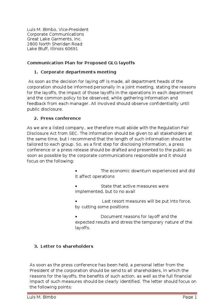 1a Communication Plan Memo | PDF | Layoff | Employment